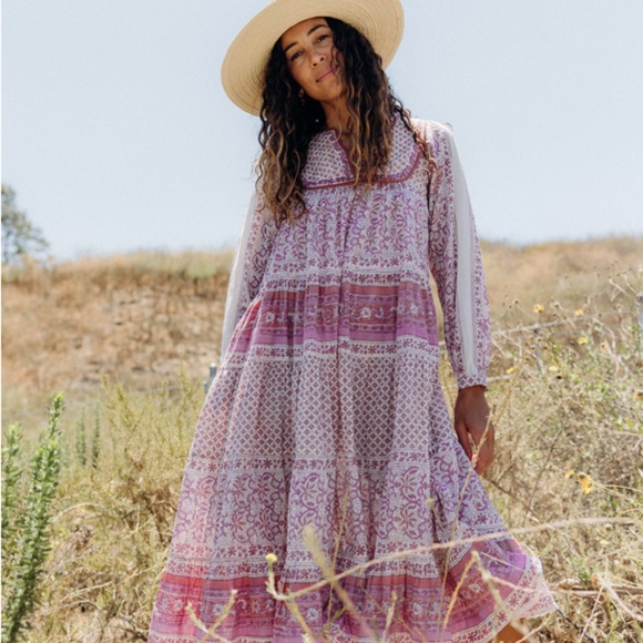 Matta | Dresses | Matta Pink White Floral Print Cotton Midi Tiered ...